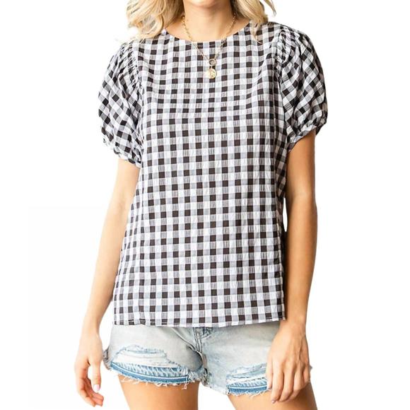 First Love | Tops | New First Love Smocked Shoulder Plaid Blouse In ...